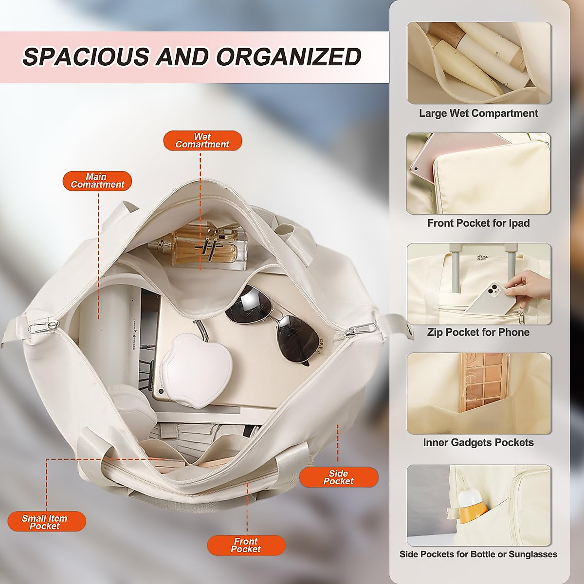 Foldable Travel Duffel Bag for Women, Water Resistant Personal Item/Carry Bag, Expandable Overnight Weekender Bag with Wet Compartment & Luggage Sleeve, Lighetweight Sport Tote Gym Bag (Beige)