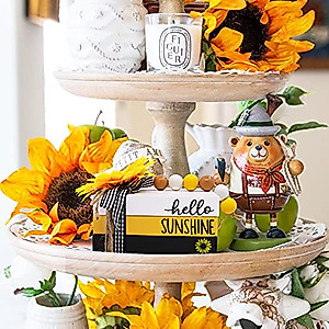 Huray Rayho Sunflower Wood Mini Book Stack Fall Tiered Tray Decor Hello Sunshine Summer Mini Faux Books Bundle Wood Bead Garland Yellow White Black Buffalo Plaid Farmhouse Shelf Sitter Decor Set of 3