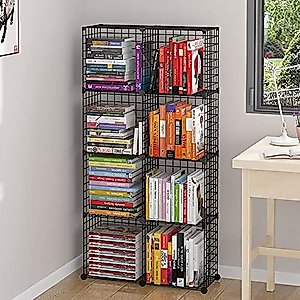 FlidRunest 4 Tier Wire Cube Storage Shelf, Simply 4-Shelf Bookcase, Cube Storage Organizer, Bookshelve Bookcase Floor Standing, Storage Wire Stackable Cube Set, Book Shelf for Bedroom/Office