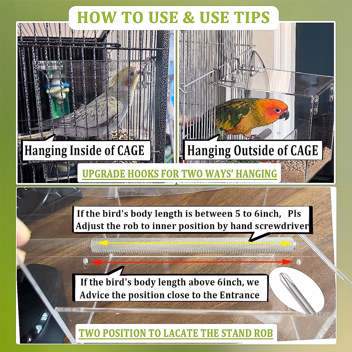 No Mess Bird Feeder for Cage Bird Feeder Automatic Bird Cage Feeder, Acrylic No Spill Bird Feeder Cage for Parakeet Parrot Cockatiels Cockatiels Lorikeet Lovebirds Cage Seed Feeder 6.4inch