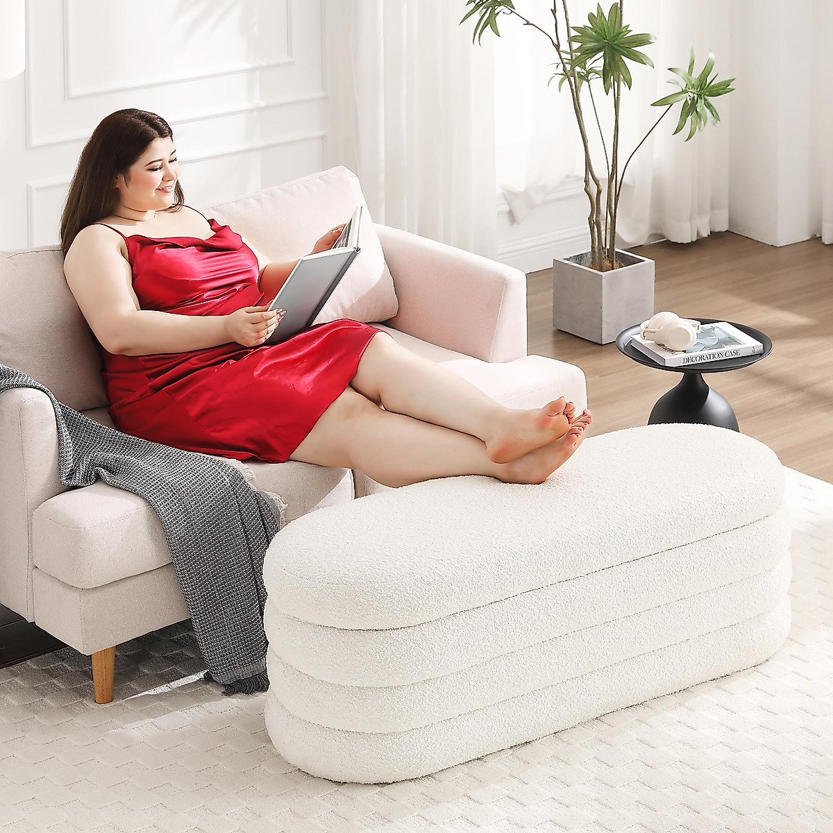 Busaurus Storage Ottoman Bench 49.2 Inch Upholstered Fabric Storage Bench for Bedroom End of Bed Aesthetic Large Oval Storage Ottoman for Living Room Entryway (Ivory)