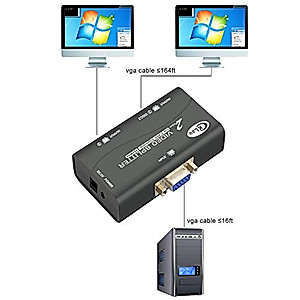 CKLau 450MHz Bandwidth 2 Port VGA Splitter Amplifier Box 1 PC to 2 Monitors SVGA Video Splitter Support 2048 x 1536 Resolution up to 164ft for Screen Duplication