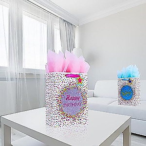 Elephant-package 2Pcs 12.6" Large Dots Birthday Gift Bags with Tissue Papers for Kids, Boys, Girls, Party Favor, Baby Shower