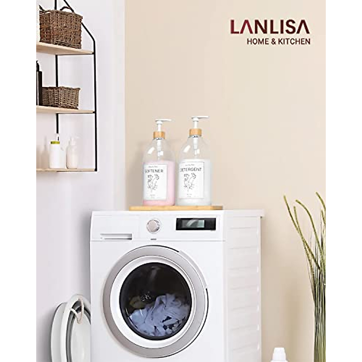 Liquid Laundry Detergent Dispenser, Laundry Detergent Container for Laundry Room, 67oz Storage Container for Farmhouse Decor, Includes Pumps, Collapsible Funnel, Labels and Bamboo Tray