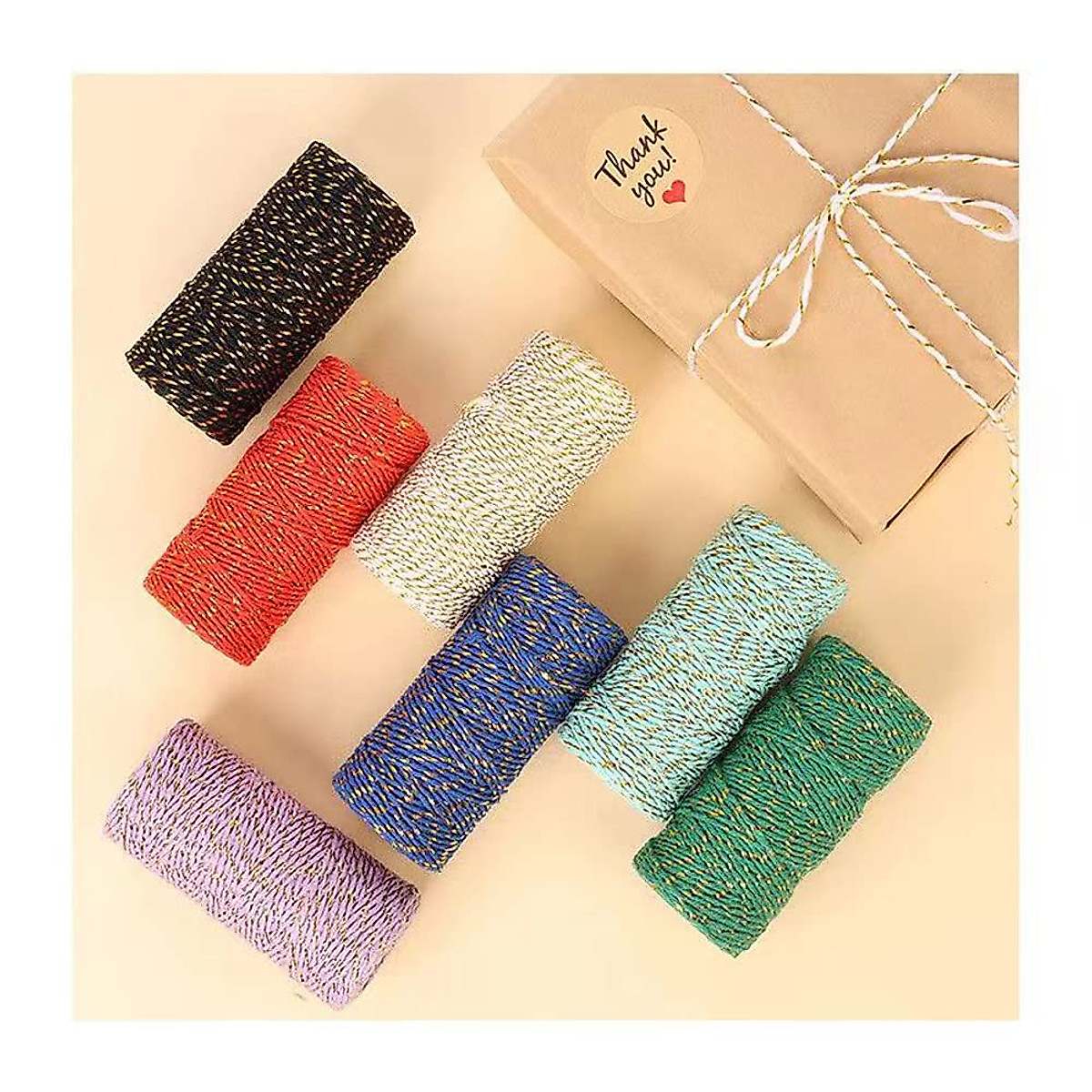 Twine String,328 Feet Christmas Twines White Rope with Gold Wire Bakers String Rope Craft Making Knitting Butchers Twine DIY Wedding Decor Supply String Rope