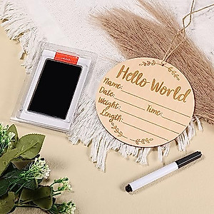 Baby Announcement Sign, 5.9 inch Double Side Wooden Birth Announcement Sign with Ink Pad for Baby Hand and Footprints for Hospital Hello World Newborn Announcements