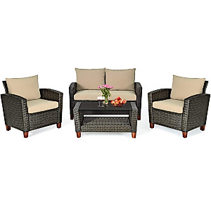 HAPPYGRILL 4 Pieces Patio Conversation Set Outdoor Rattan Wicker Furniture Set Sectional Wicker Sofa Chair & Coffee Table Set for Porch Poolside Backyard