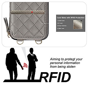 Bocasal Crossbody Wallet Case for iPhone 14 Pro, RFID Blocking PU Leather Zipper Handbag Purse Flip Cover, Kickstand Folio Case with Card Slots Holder Wrist Strap Lanyard 5G 6.1 Inch (Grey)