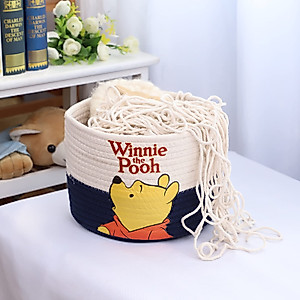 YAHUAN Cotton Rope Basket with Bear-Patterned Cotton Rope Storage Basket Collapsible Blanket Basket with Handles(blue white)