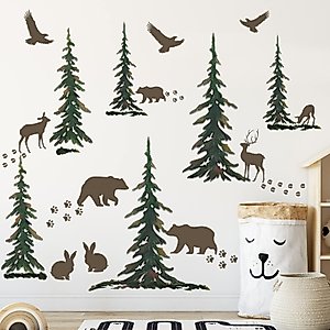 62 Pieces Forest Wall Decal Wild Animal Nursery Wall Decals Woodland Vinyl Wall Decals Forest Wallpaper Pine Tree Forest Decor Forest Animal Bear Deer Wall Sticker for Christmas Kids DIY Bedroom