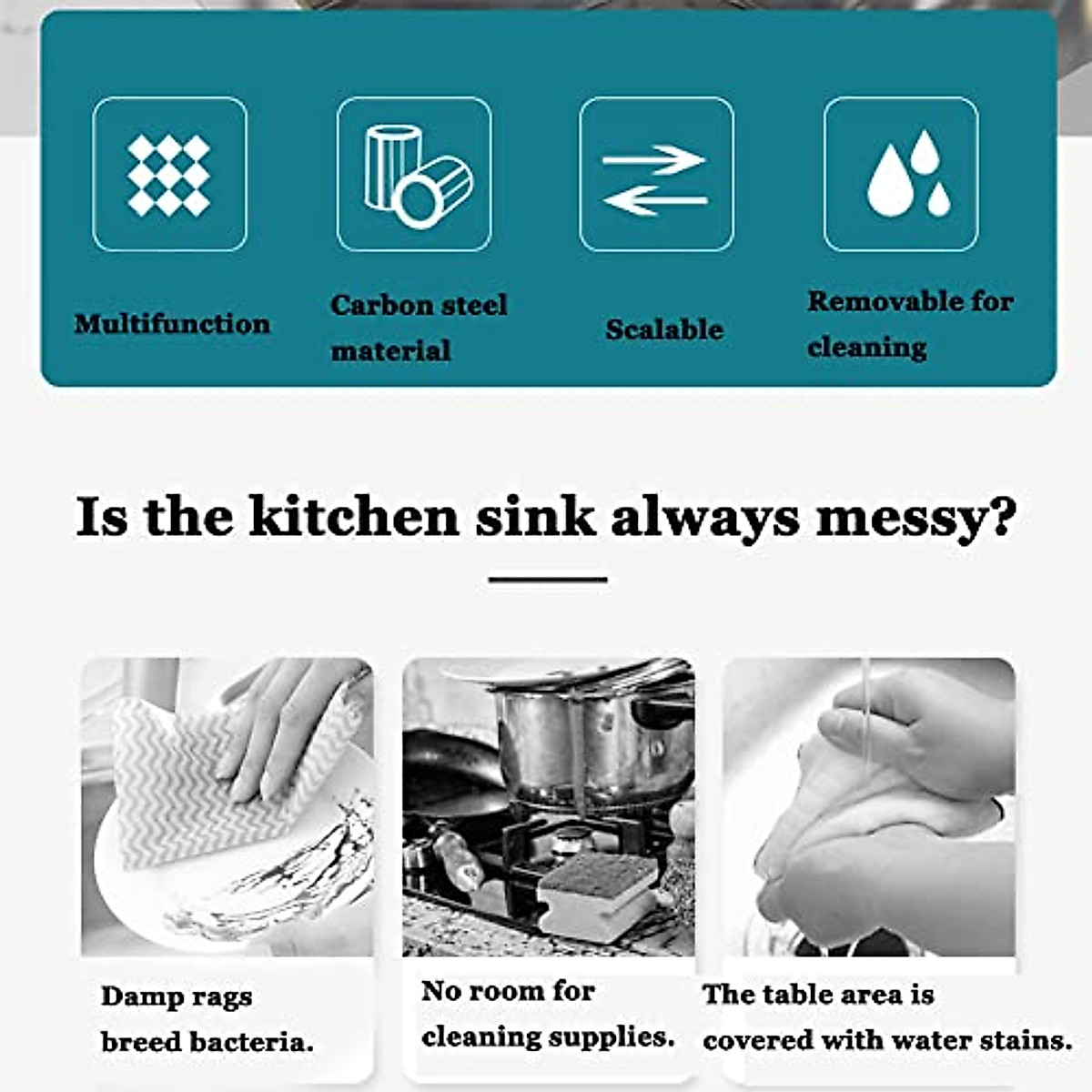 BOOMSHY Sponge Holder for Kitchen Sink Movable Sponge Holder Brush Holder Dish Cloth Hanger Hanging Sink Caddy Small in Sink Organizer Accessories Rack Basket (Black*Telescopic Style)