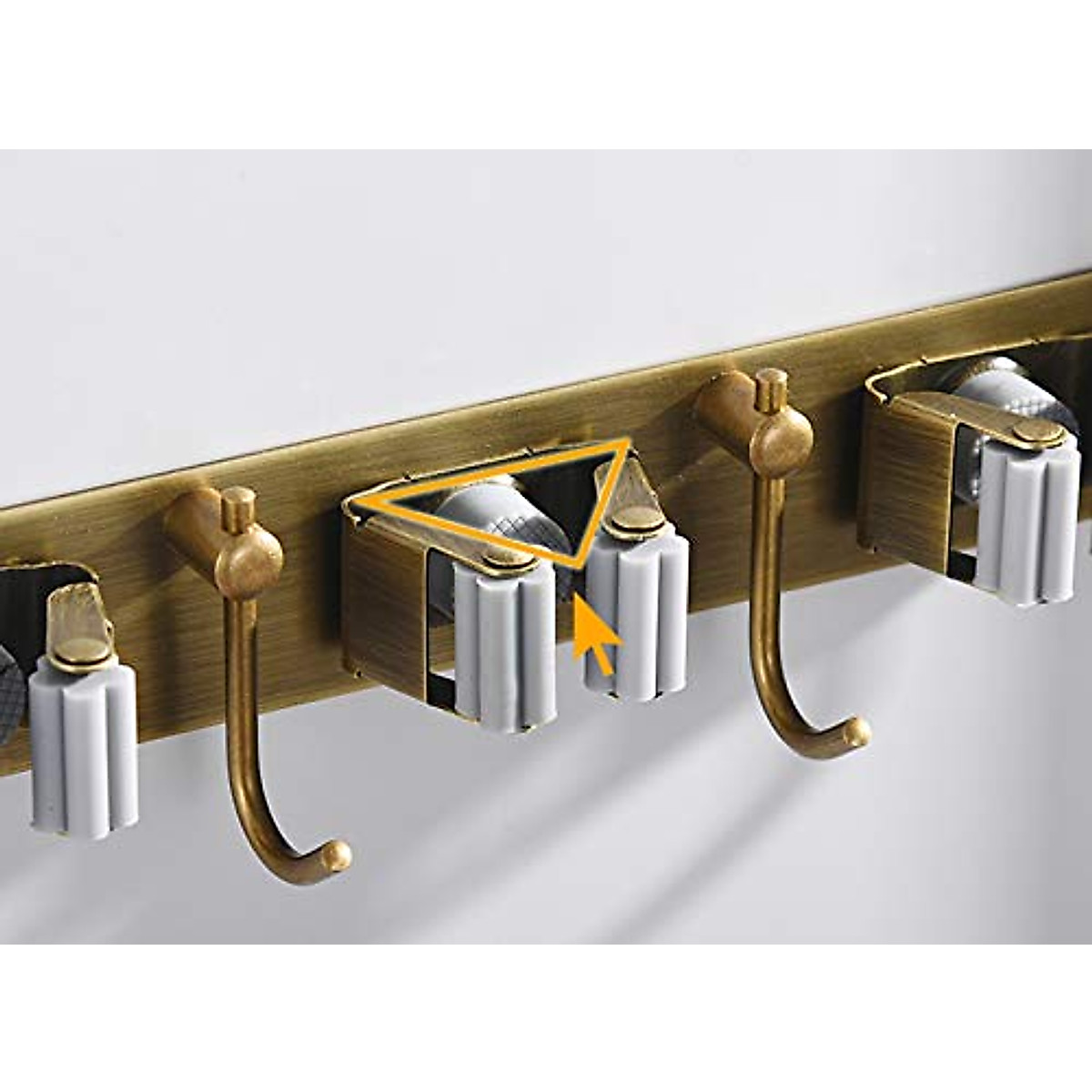 Fiunkes Mop Broom Holder Wall Mount Garden Tool Organizer, Brass Heavy Duty Tool Hanger with 3 Racks 4 Hooks for Kitchen Bathroom Closet Garage Office Laundry