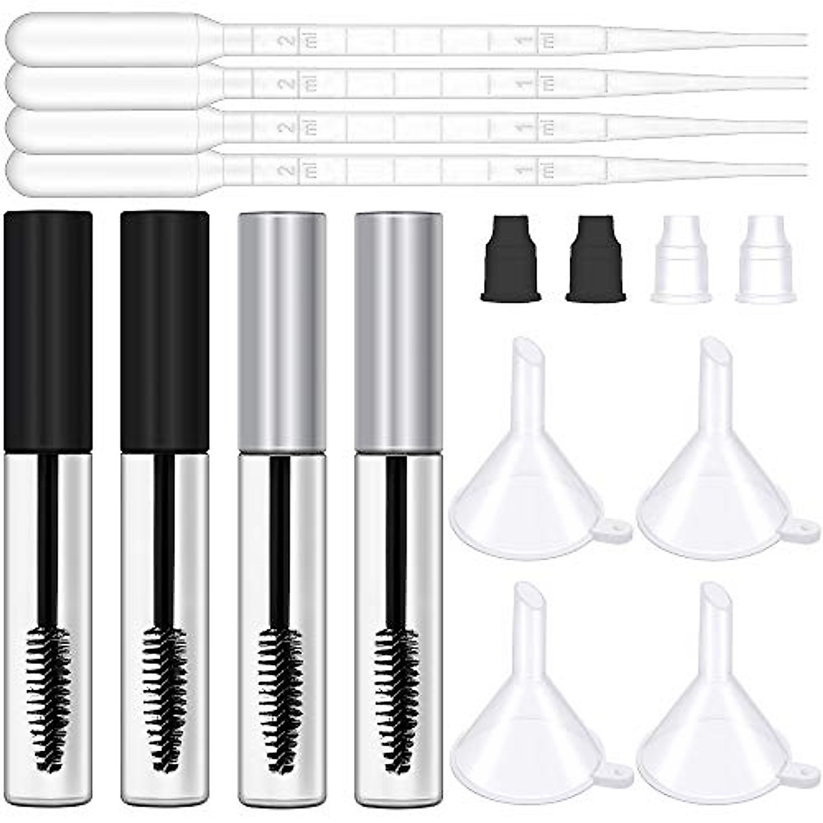 Benvo 4 Pcs 10ml Empty Mascara Tubes with Eyelash Wand Eyelash Cream Container with 4 Transfer Pipettes and 4 Funnels 4 Rubber Inserts for Castor Oil Brow Growth Serum DIY Cosmetics