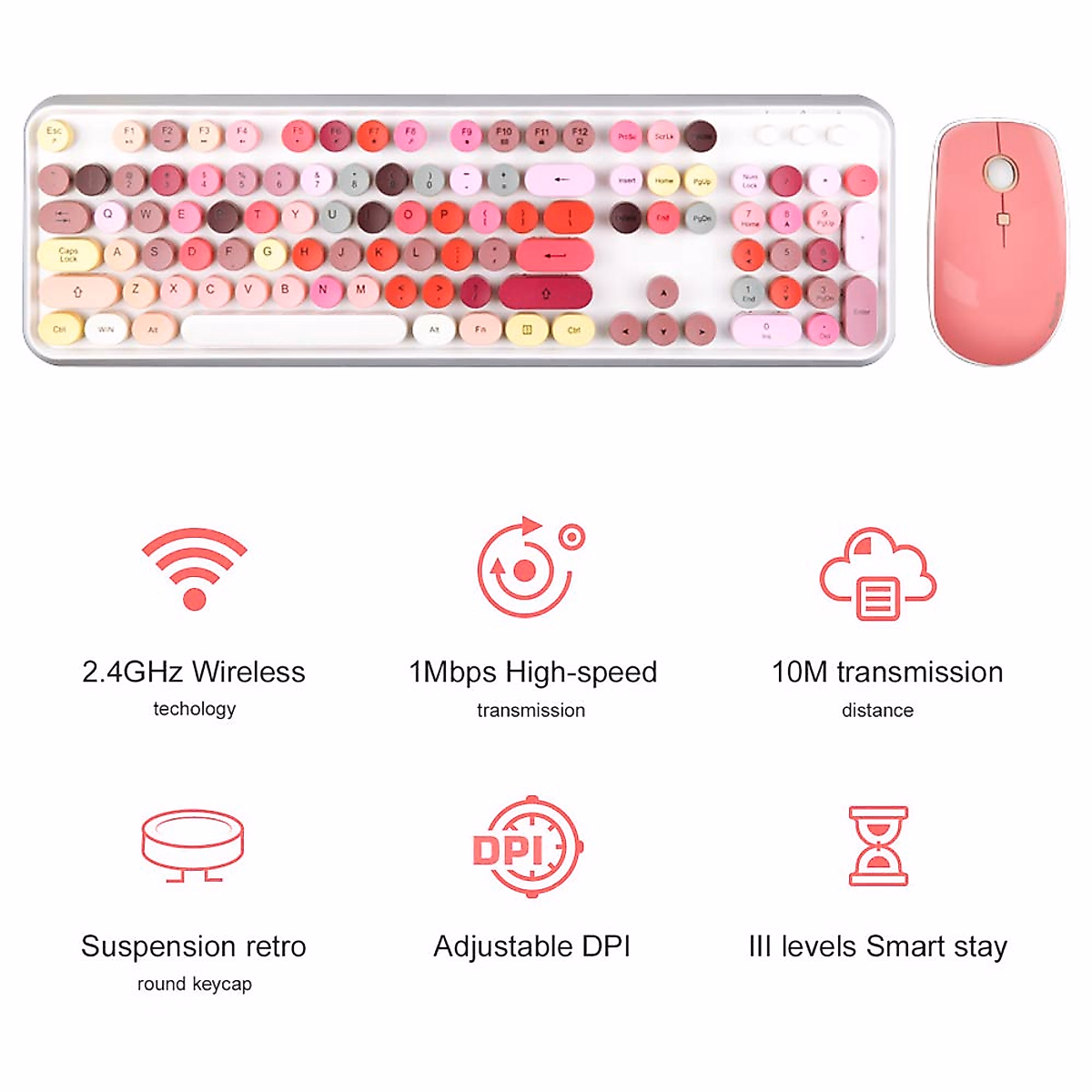 SADES V2020 White Colorful Wireless Keyboard with Round Keycaps,2.4GHz Dropout-Free Connection,Long Battery Life,Cute Wireless Moues for PC/Laptop/Mac