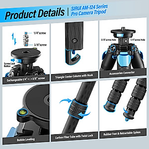 SIRUI AM-124 Carbon Fiber Tripod with Triangular Center Column, 62.6" Compact TravelTripod for Camera, 4 Sections, Waterproof Twist Lock, Load 26.5lbs