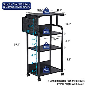 Fannova 4 Tier Small Printer Stand with Adjustable Shelf and Storage Pouch, Rolling Printer Cart with Wheels for Home Office Organization, Table Stand for Shredder CPU Computer Tower, Black