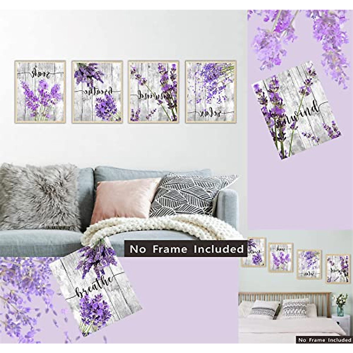 Purple Bathroom Decor Wall Art Set of 4(8" x 10"Canvas Wall Art Relax Soak Unwind Breathe Purple Blend Bathroom Flower Prints For Washroom Toilet Decor (Unframed)