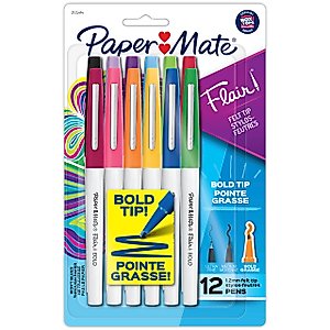 Paper Mate Flair Felt Tip Pens, Bold Tip (1.2 mm), Assorted Colors, 12 Count