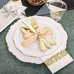 WDF 50Guest Gold Plastic Plates - Disposable White and Gold Plastic Plates include 100Plates, 150Gold Plastic Silverware, 50Cups, 50Napkins Plates for Wedding&Parties