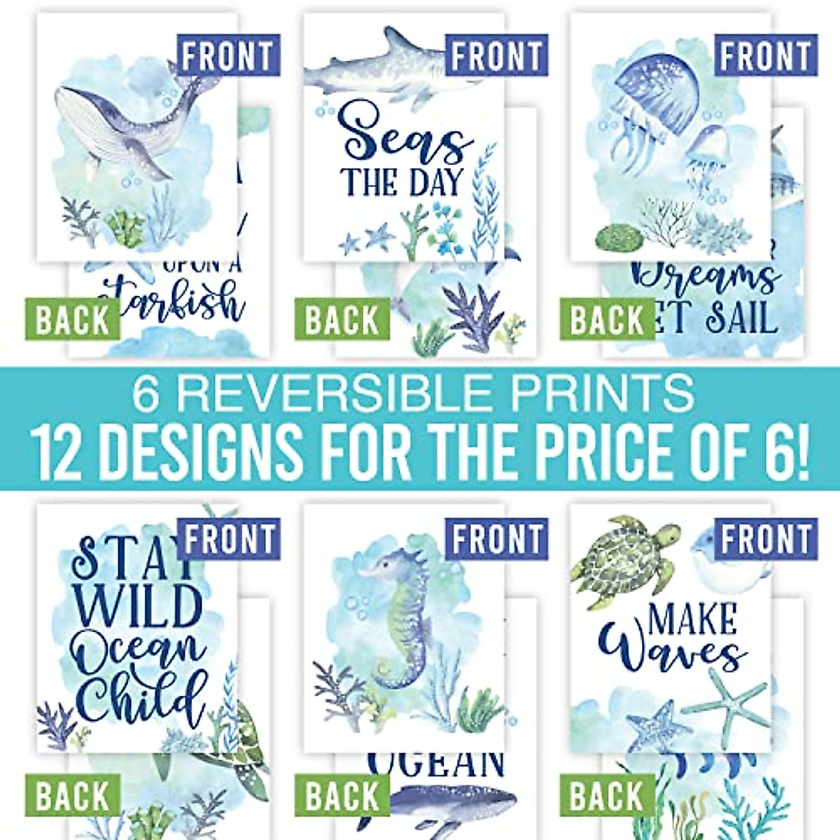 6 Reversible 8x10 Watercolor Ocean Wall Art Prints, Beach Wall Decor For Bedroom Posters For Kids, Beach Bathroom Decor Wall Art Prints, Ocean Wall Decor For Room Posters, Beach Party Decorations For Wall Prints