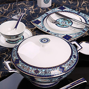 Porcelain Plate and Bowl Set, Ceramics Dinnerware Set with 55 Pieces,Bowl/Dish/Soup Pot/Spoon|Dinner Sets,Blues Garden Pattern Porcelain Combination Set