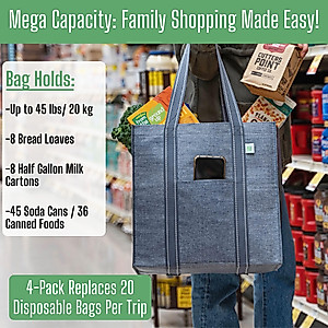VENO 4 Pack Reusable Grocery Shopping Bag w/ Hard bottom, Foldable, Multipurpose Heavy Duty Tote, Daily Utility bag, Stands Upright, Sustainable (Set of 4, Gray)