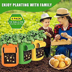 HYH 6 Pack 10 Gallon Potato Grow Bags with Flap Colorful Plant Grow Bags for Growing Potatoes Heavy Duty Thickened Nonwoven Fabric Grow Bags Pots Gardening Vegetable Growing Bags with Durable Handles