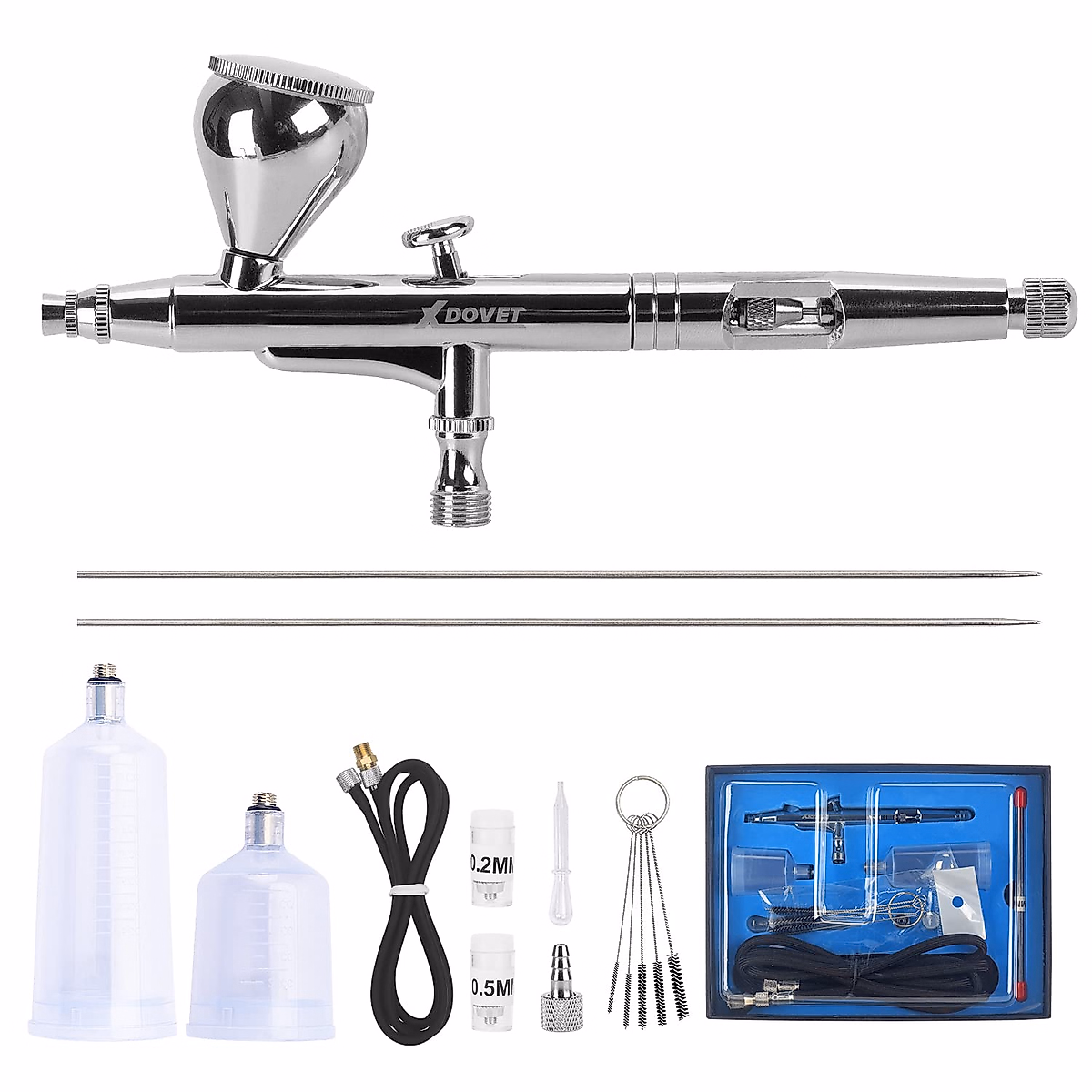 XDOVET Dual-Action Airbrush Kit Air Brush Painting Set with 0.2mm/0.3mm/0.5mm Needles,7cc/20cc/40cc Paint Cup, Air Hose for Tattoo, Makeup, Nail, Model, Art Hobby - for Pro & Beginner