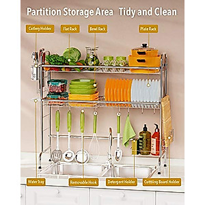 Ace Teah Over The Sink Dish Drying Rack 2-Tier Large Over Sink Dish Rack for Kitchen Organizer, Above Sink Dish Drainer Stainless Steel with Utensil Holder Hooks, Silver