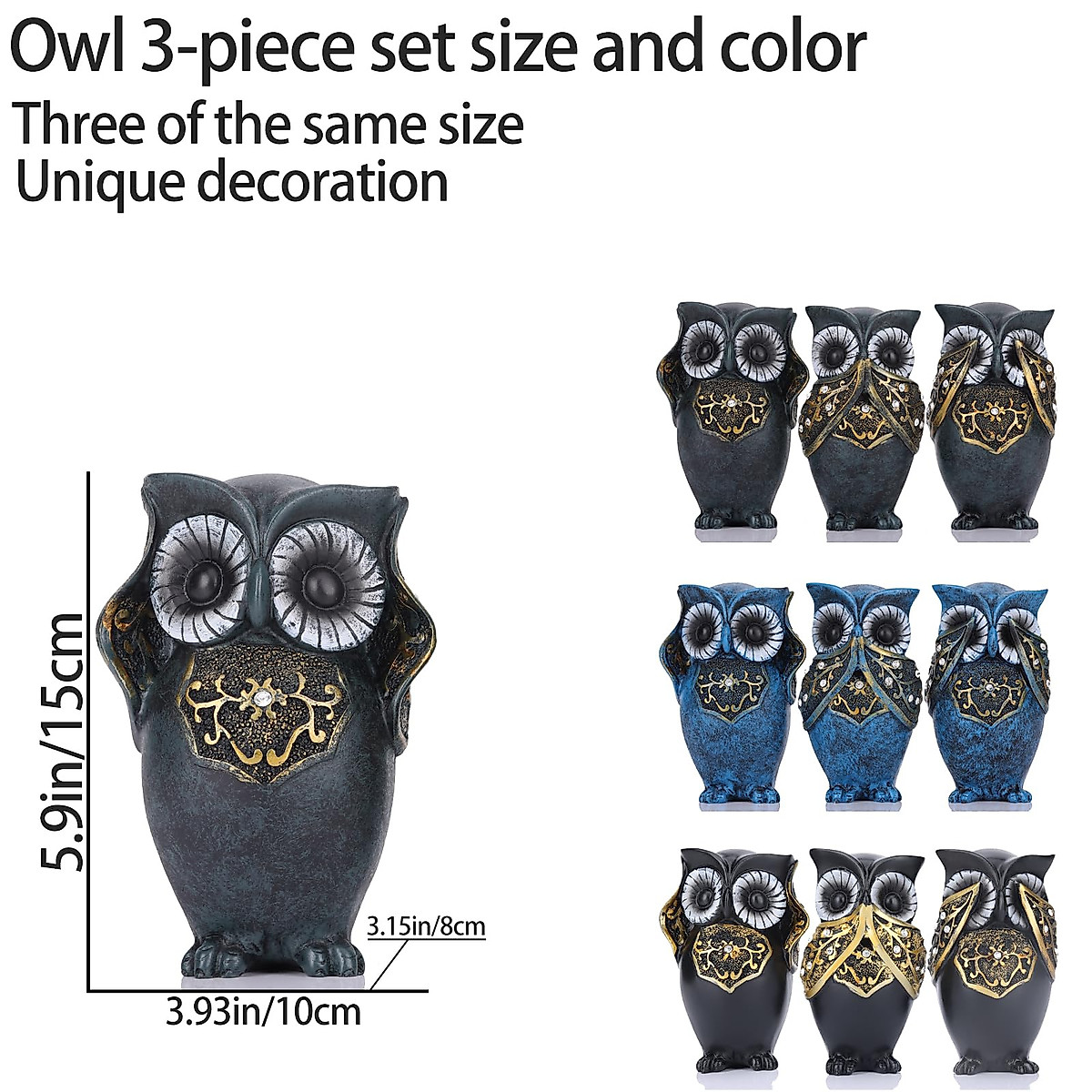 Owl Statue 3 Piece Set, Don't Look, Don't Hear, Don't Tell Owl Decor, Three Wise Owl Figurines for Shelf Decor, Living Room Bedroom Room Decor, Blue and Gold Home Decor