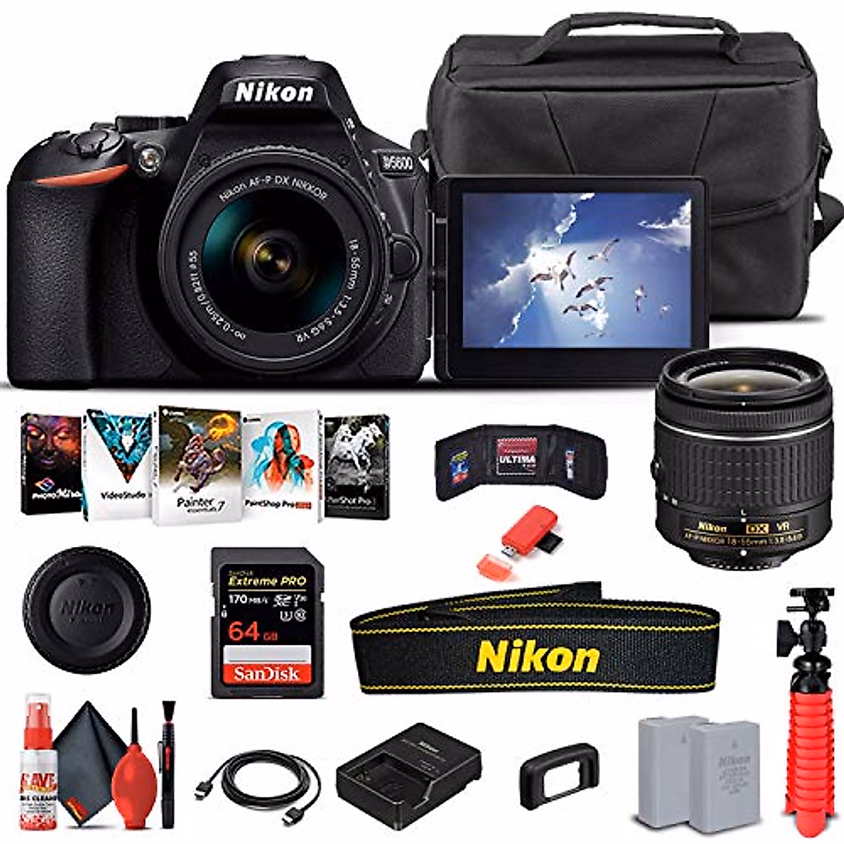 Nikon D5600 DSLR Camera with 18-55mm Lens (1576) + 64GB Card + Case + Corel Photo Software + EN-EL14A Battery + HDMI Cable + Cleaning Set + Flex Tripod + Memory Wallet (International Model) (Renewed)