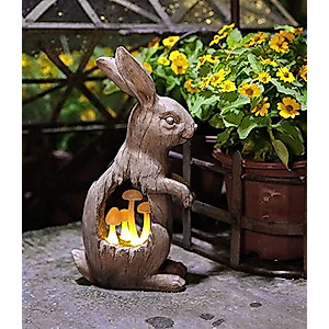 Joyathome Solar Garden Bunny Statues Rabbit with Mushroom Figurine, Solar Powered Resin Animal Sculpture Outdoor Lights for Patio Lawn,Yard ATR Garden Sculpture Decorations,11.7”H