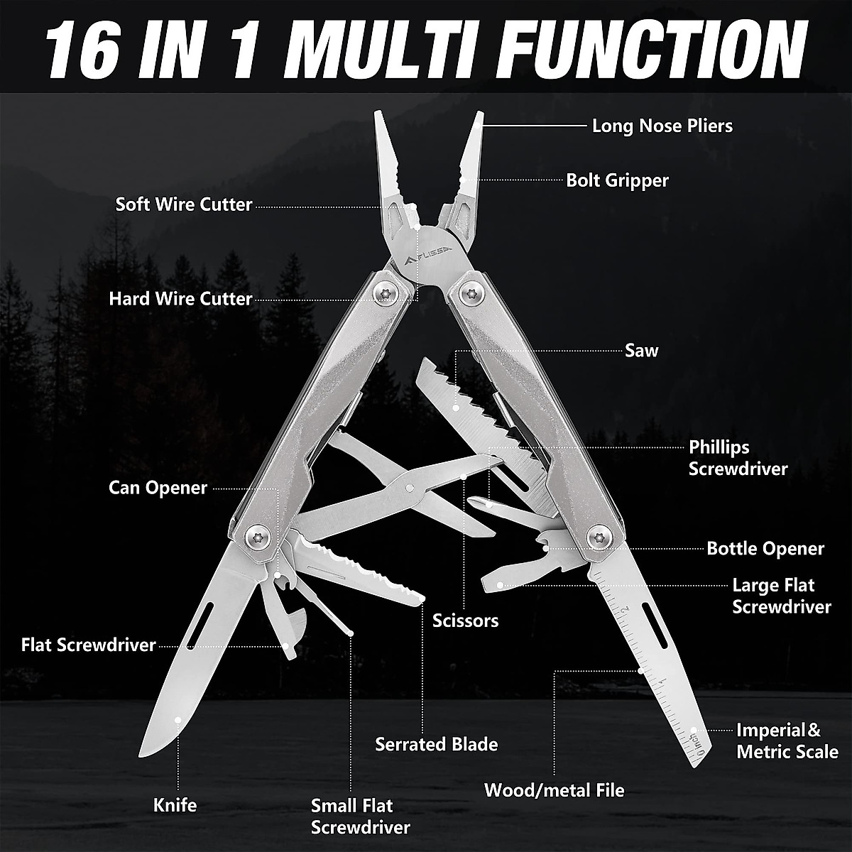 FLISSA Multitool, 16-in-1 Stainless Steel Multi Tool, EDC Multitool with Pocket Knife, Screwdriver, Pliers, Safety Locking and Sheath, Utility Multi-Tool for Camping Survival Outdoor Activities