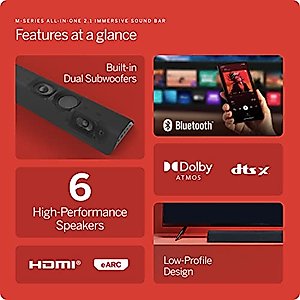 VIZIO M-Series All-in-One 2.1 Immersive Sound Bar with 6 High-Performance Speakers, Dolby Atmos, DTS:X, Built in Subwoofers and Alexa Compatibility, M213ad-K8, 2023 Model