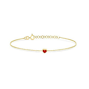 GELIN 14k Solid Gold Red Heart Adjustable Bracelet for Women Valentine's Day Jewelry Gift