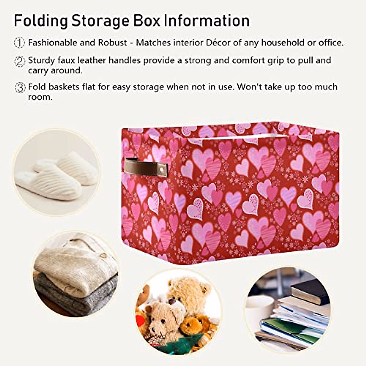 Wusikd Valentines Day Red Heart Storage Basket Set of 1 Large Fabric Flowers Spring Storage Basket Bins Box Cube with Handles Collapsible Closet Shelf Clothes Organizer Basket for Nursery Bedroom