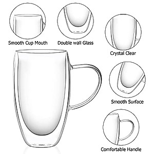 E-Greetshopping 16 oz Double Wall Glass Coffee Mugs,Insulated Layer Coffee Cups with Handles,Cappuccino Latte Macchiato Glasses Cups, Heat Resistant for Hot Drinks Tea Milk Juice Ice Cream(Set of 2)
