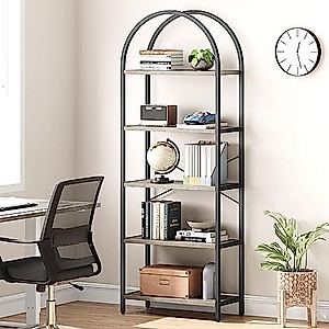 IDEALHOUSE Bookshelf 5 Tier Bookcase Arched Display Racks Tall Standing Bookshelves Metal Frame Farmhouse Storage Rack Shelf Grey Book Shelf for Bedroom, Living Room, Home Office