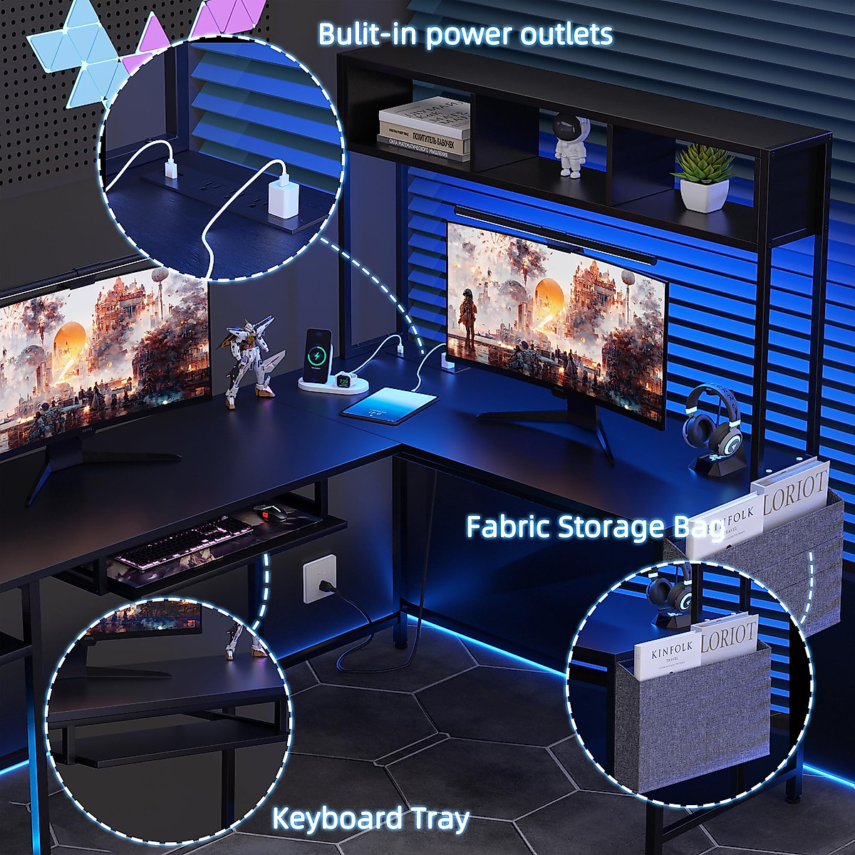 Shintenchi 66" L Shaped Home Office Desk, Reversible Gaming Desk with LED Lights and Power Outlet, Computer Desk with Keyboard Tray, Hook, Storage Bag and Shelf for Home Office, Black