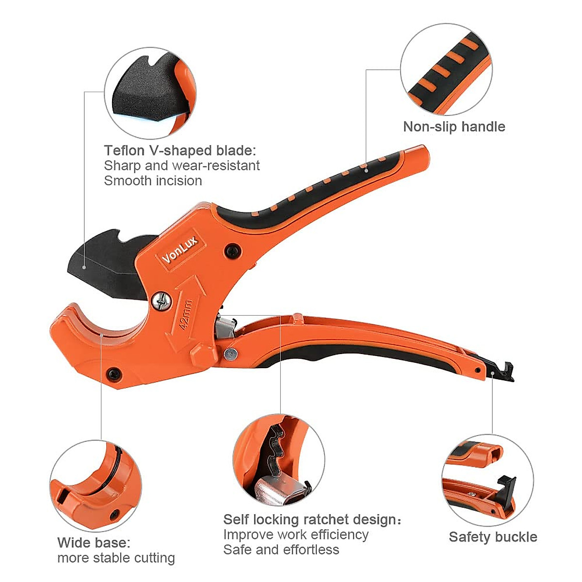 PVC Pipe Cutter, One-hand Ratchet Pipe Cutting Tool for PVC/PPR/PEX/Rubber Hose Cut up to 42mm, Plastic Pipe Tubing Cutter with Replacement SK5 Steel Blade, No Burrs