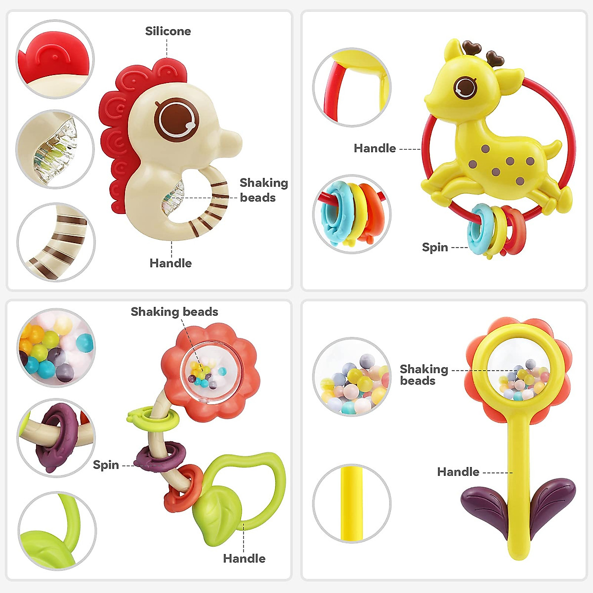 MOONTOY 12pcs Baby Rattles Set Teether Toys for Babies 0-6 Months Infant Christmas Stocking Stuffers Gifts, Baby Toys 6-12 Months Teething Toys 3-6 Months Newborn Boy Girl 0 1 2 3 4 5 6 7 8 9 10 Month
