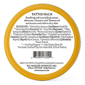 Badger - Tattoo Balm, Natural Tattoo Aftercare Salve, Tattooing Cream that Heals and Protects w/Coconut and Tamanu Oil, Organic Tattoo Butter 2oz Tin