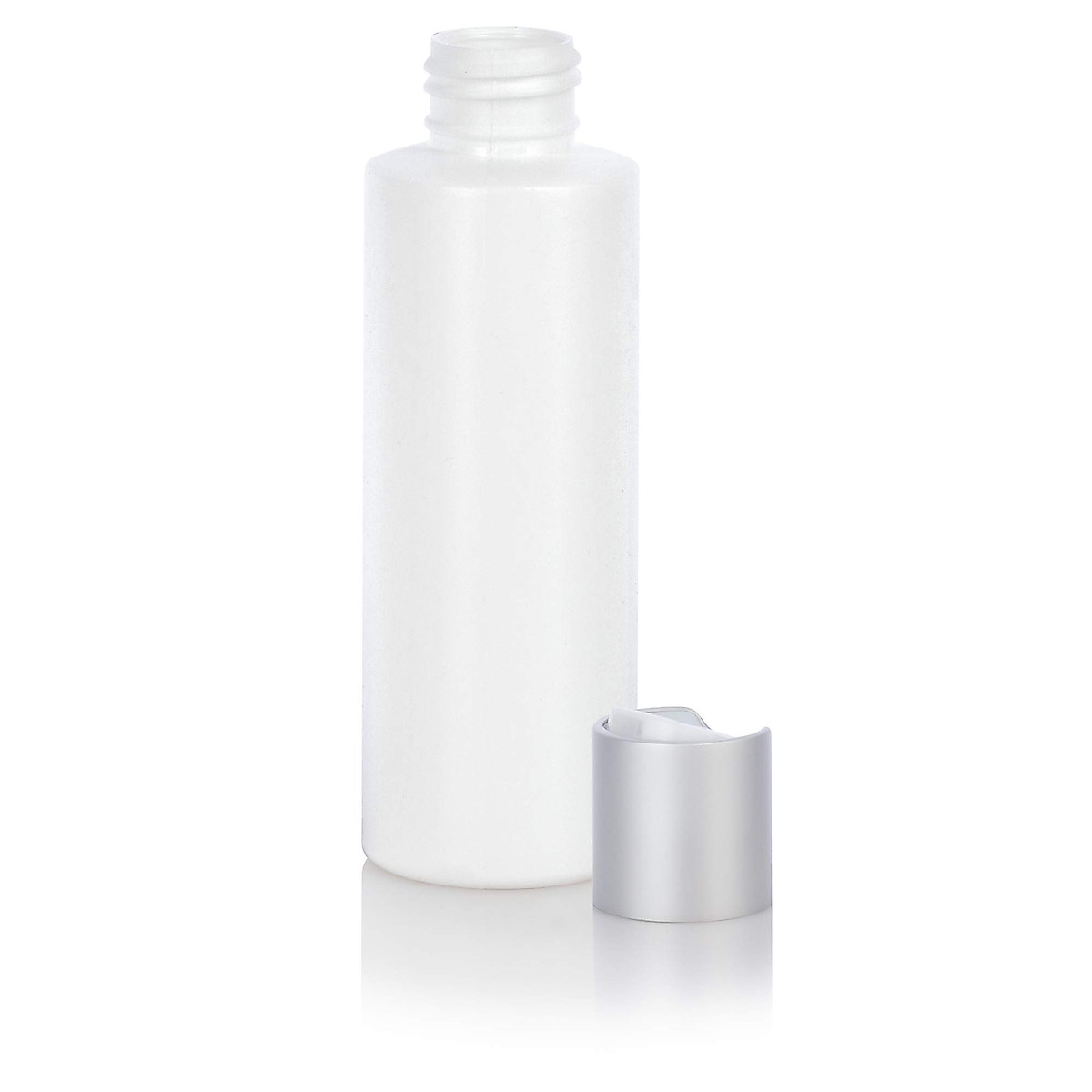 JUVITUS 4 oz / 120 ml White Plastic HDPE Refillable Cylinder Squeeze Bottle with Silver Disc Cap (12 Pack)