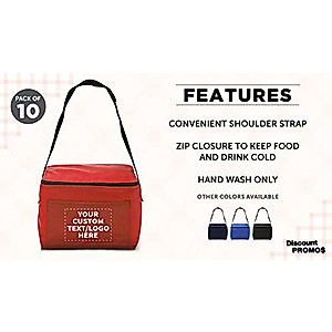 DISCOUNT PROMOS Custom Small Lunch Bags Set of 10, Personalized Bulk Pack - Insulated, Fits 6 Cans, Perfect for the Office, Picnic, Beach - Red
