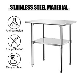 KODOM Food Prep Stainless Steel Table 30" x 24", Heavy Duty Workbench with Adjustable Under Shelf, Commercial Worktable for Kitchen, Restaurant, Home and Hotel