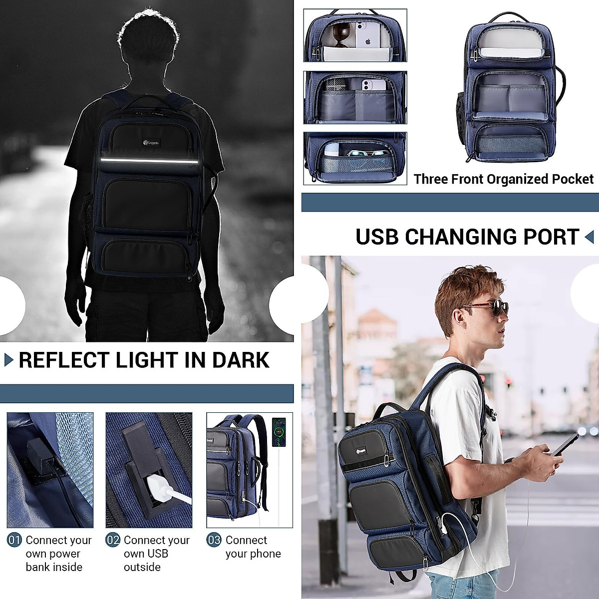 VPBAGE 40L Travel Luggage Backpack with Laptop Compartment, Personal Item Bag for Men, Carry on Luggage Daypack with USB Charging Port, Alternative to Suitcase