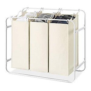 Whitmor Retro Triple 3 Removable Bags-White & Canvas Laundry Sorter, White/Canvas