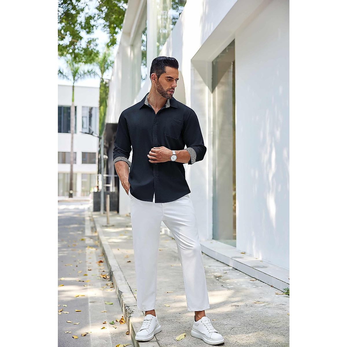 COOFANDY Mens Casual Shirts Long Sleeve Button Up Dress Shirts for Men Linen Beach Wedding Shirts, Navy Blue, XX-Large