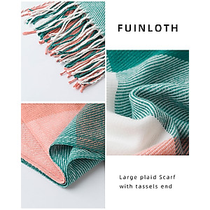Fuinloth Women's Large Plaid Scarf Fashion Long Shawl Wrap for Winter Warm Lightweight Green Pink