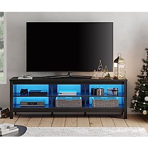WAMapat LED TV Stand for 75 Inch TV, Modern Entertainment Center Console Table with Blue LED Light & 6 Cubbies, Living Room, Bedroom, Office, Black